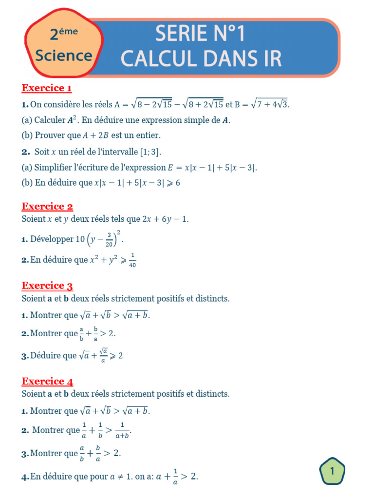 Série N°01 Calculs Dans IR (Jin) | PDF