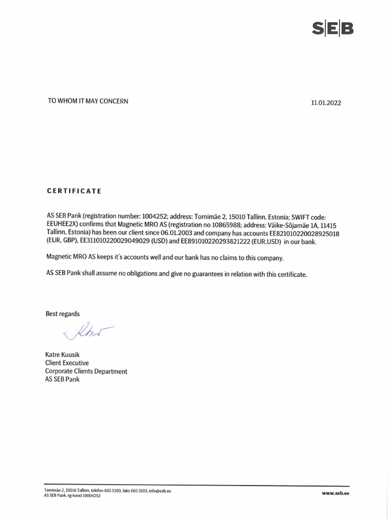 Bank Certificate SEB Pank 2022 | PDF