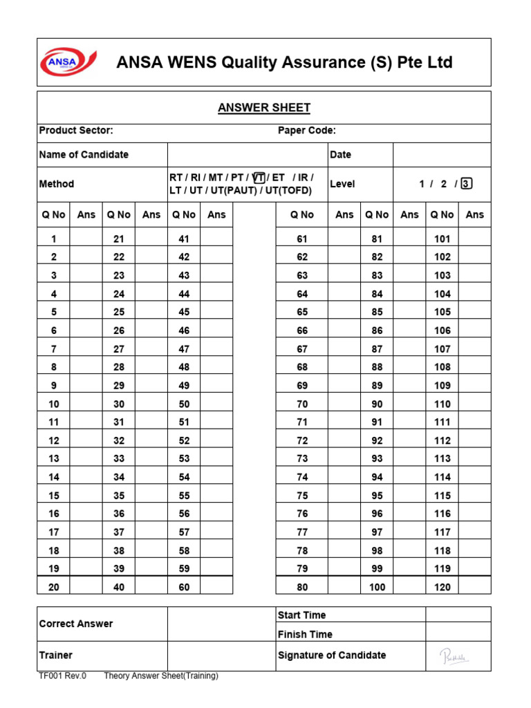 CW 4 - TF001-Rev 0 Theory Answer Sheet (Training) | PDF