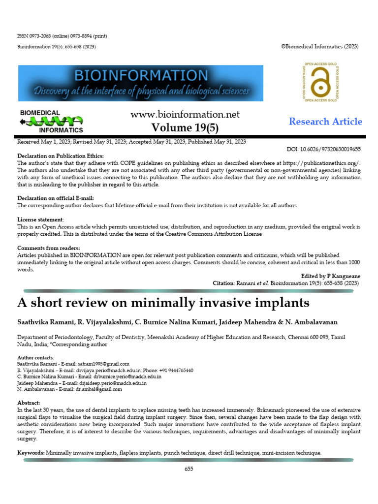 A Short Review On Minimally Invasive Implants: Volume 19 | PDF