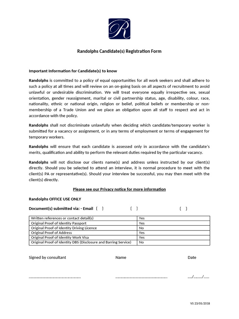 Randolphs New Candidate(s) Registration & Consent Form | PDF