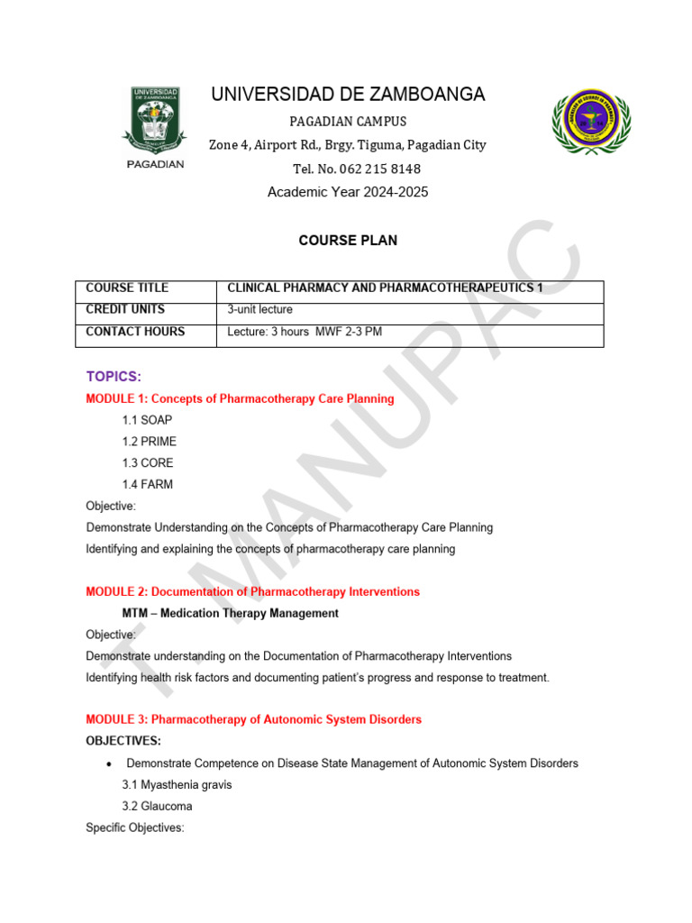 Course Modules in CLINICAL PHARMACY & Pharmacotheraphy 2024 | PDF