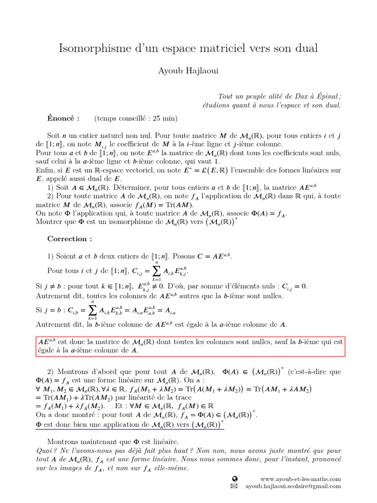 Isomorphisme Dun Espace Matriciel Vers Un Espace Dapplications ...