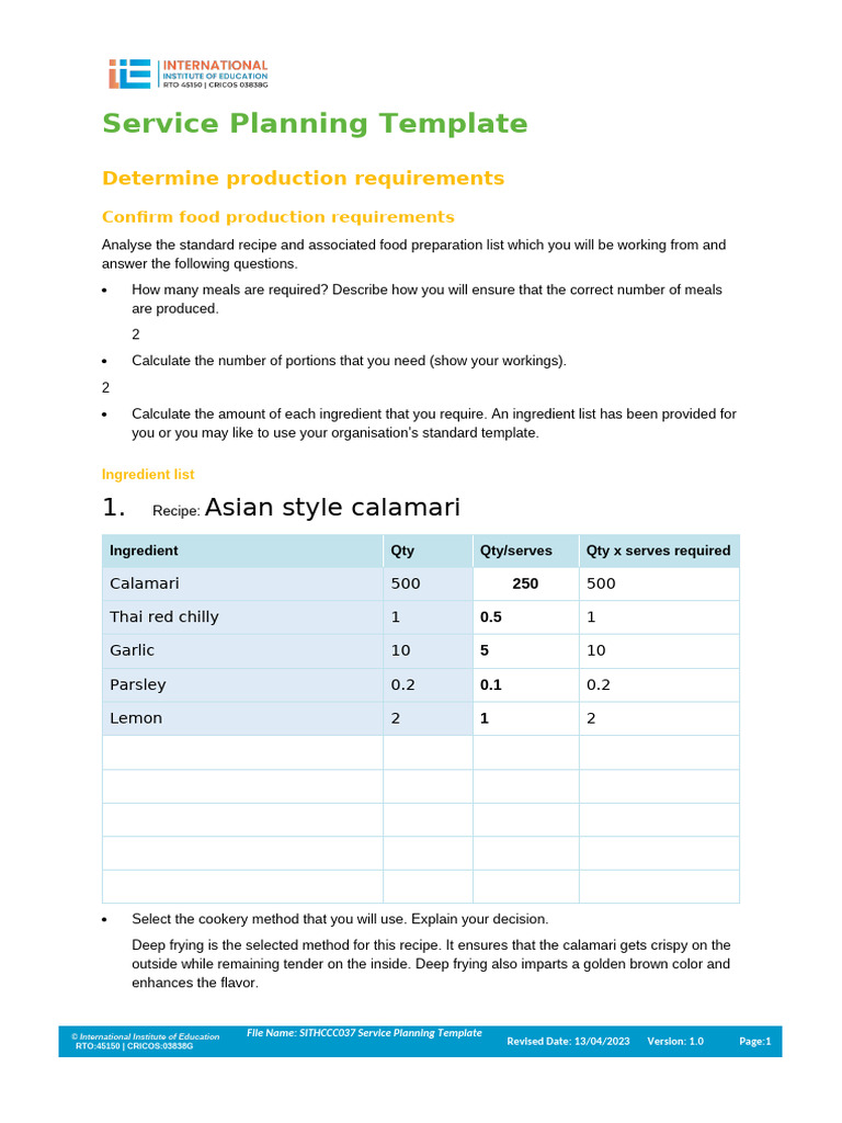 SITHCCC037 Service Planning Template | PDF