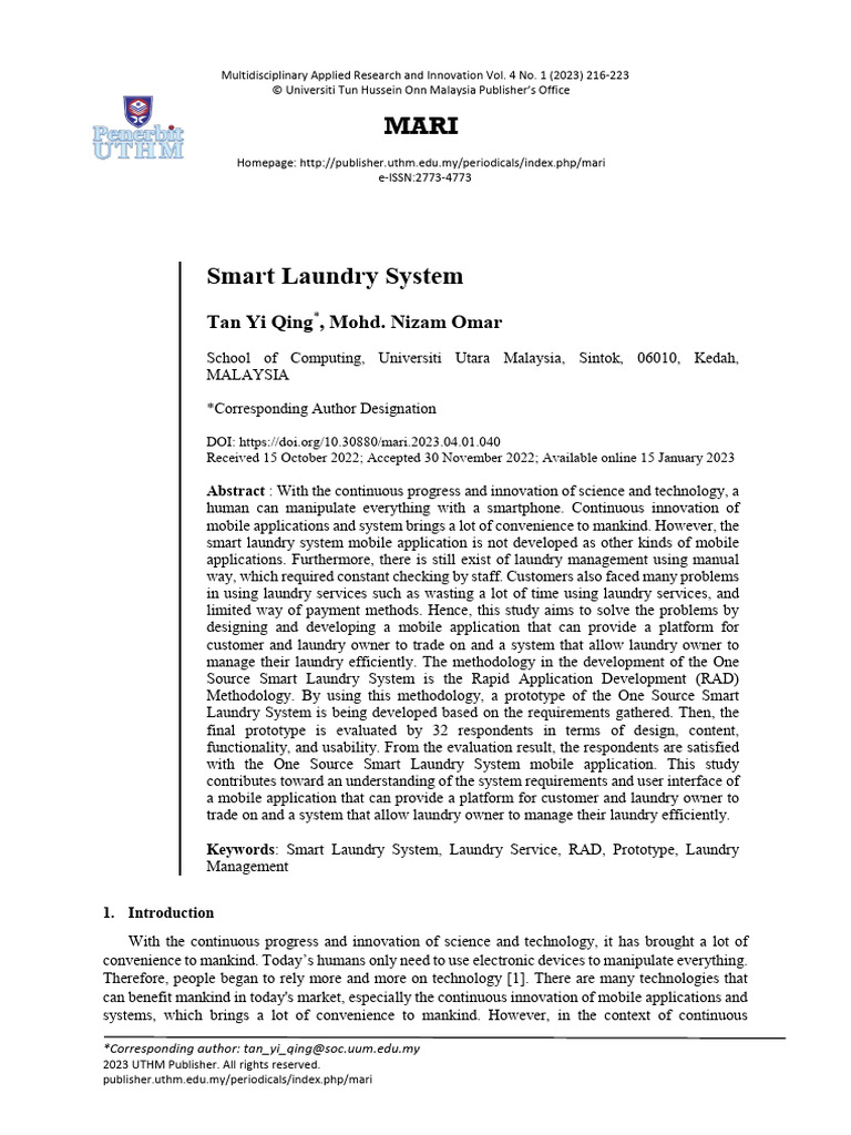Smart Laundry System: Tan Yi Qing, Mohd. Nizam Omar | PDF