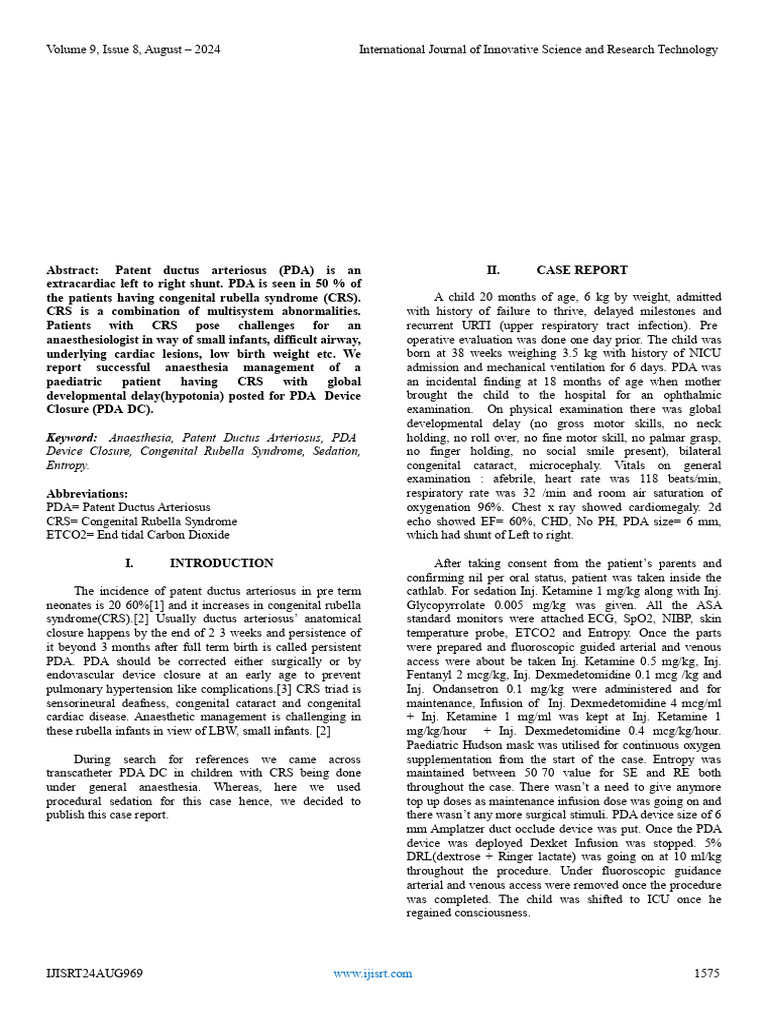 Anesthesia Management For Patent Ductus Arteriosus-Device Closure in Patient With Congenital ...