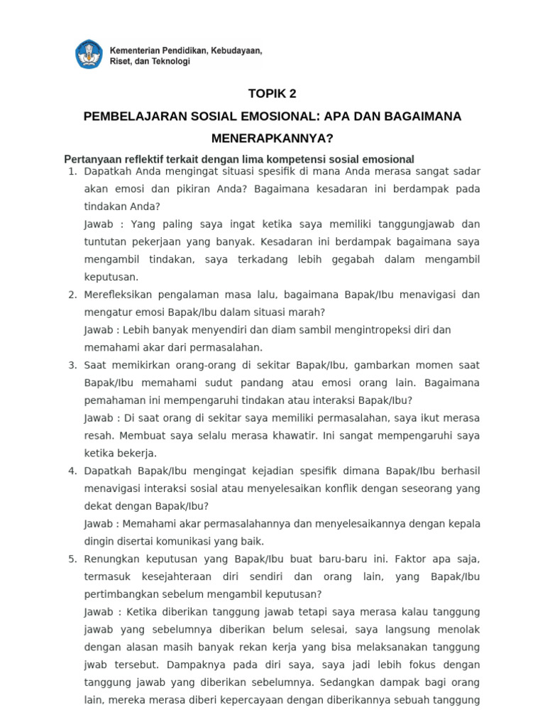 PSE - Topik 2 - Pertanyaan Reflektif - Mulai Dari Diri | PDF