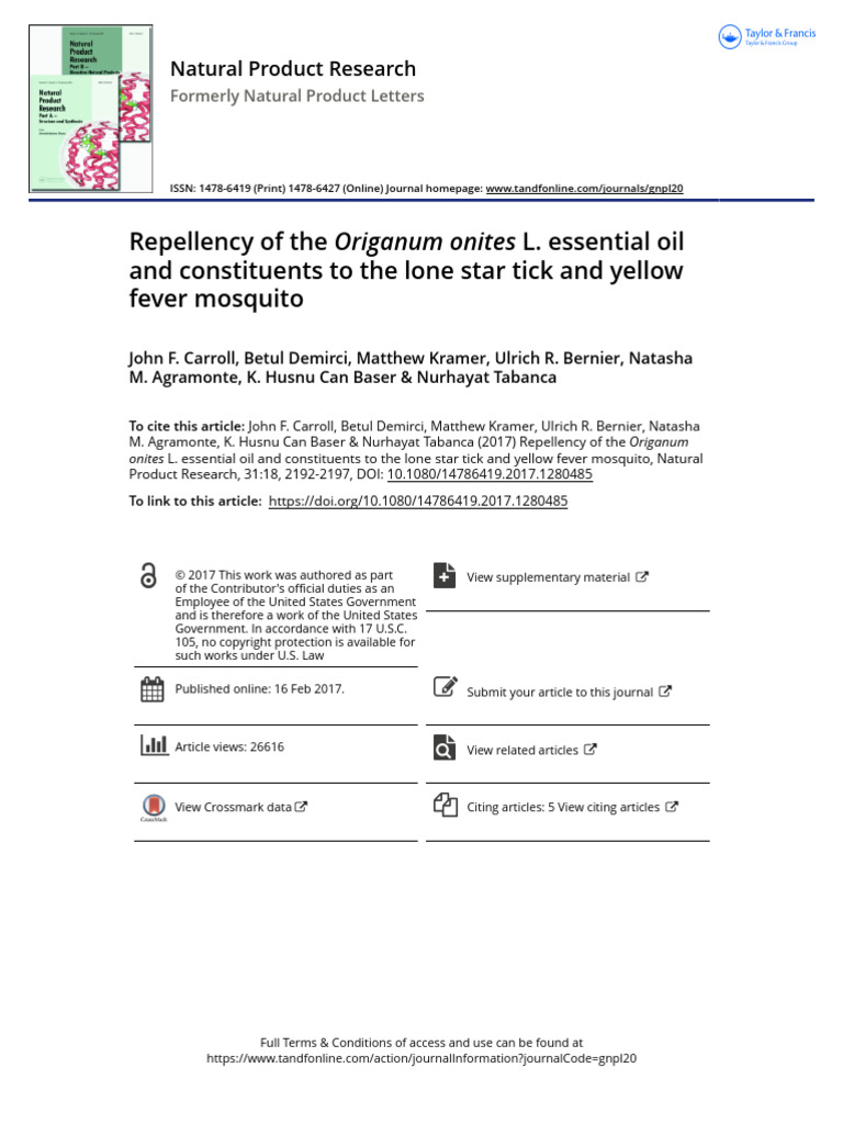 Repellency of The Origanum Onites L. Essential Oil and Constituents To ...