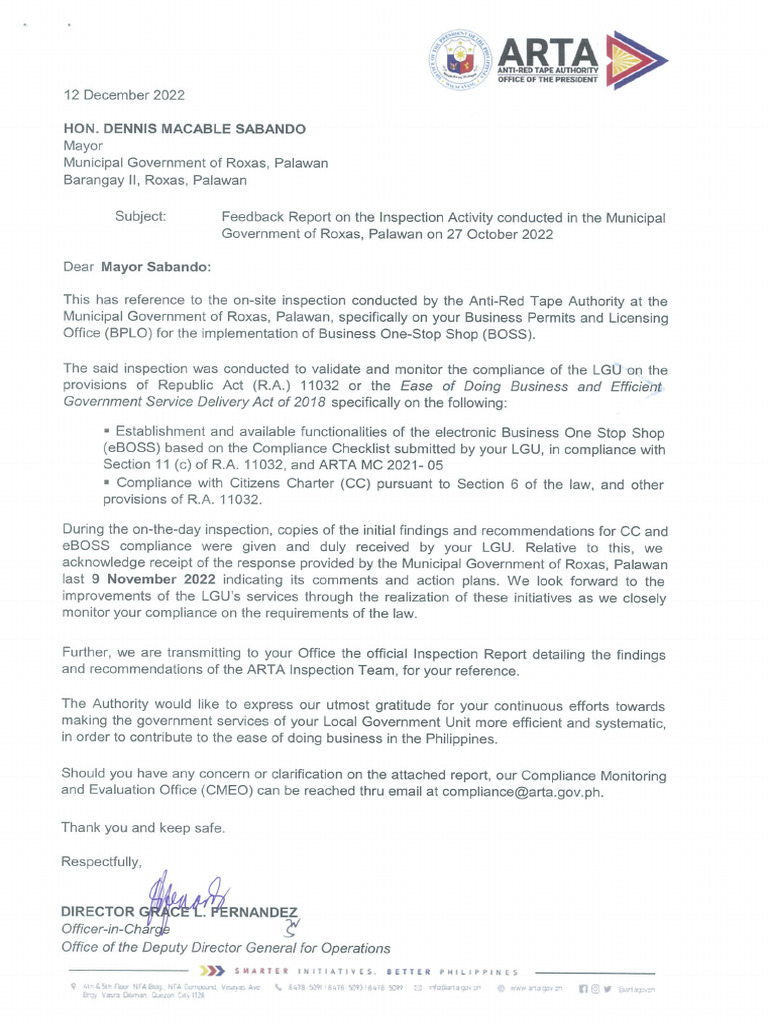 Official Inspection Report - LGU Roxas, Palawan | PDF