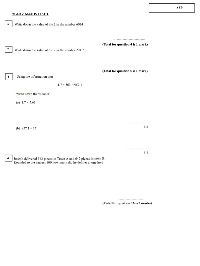 Year 7 Maths Test 1 | PDF