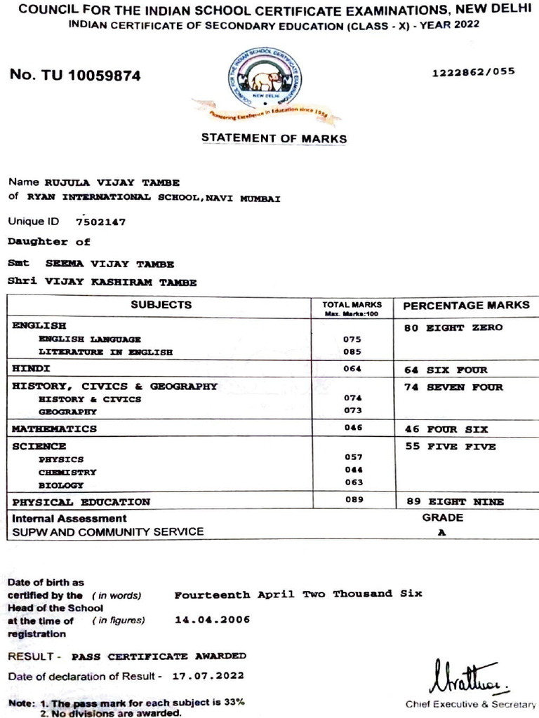 10th Mark Sheet | PDF