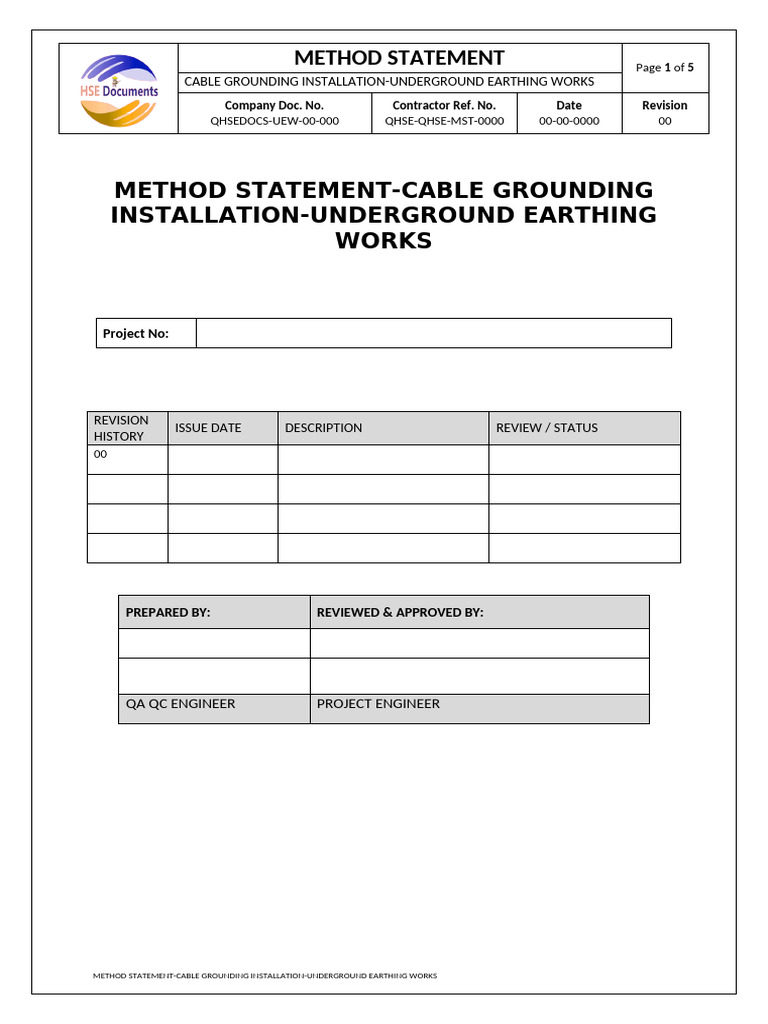 Hse Documents Method Statement For Cable Grounding Installation Pdf