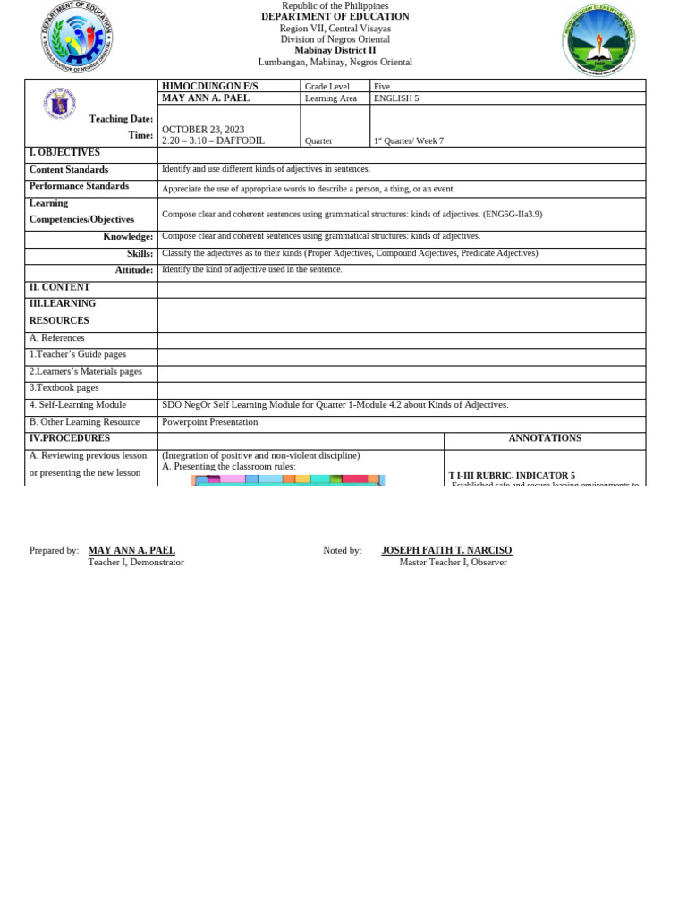 COT ENGLISH 5 1st Quarter | PDF