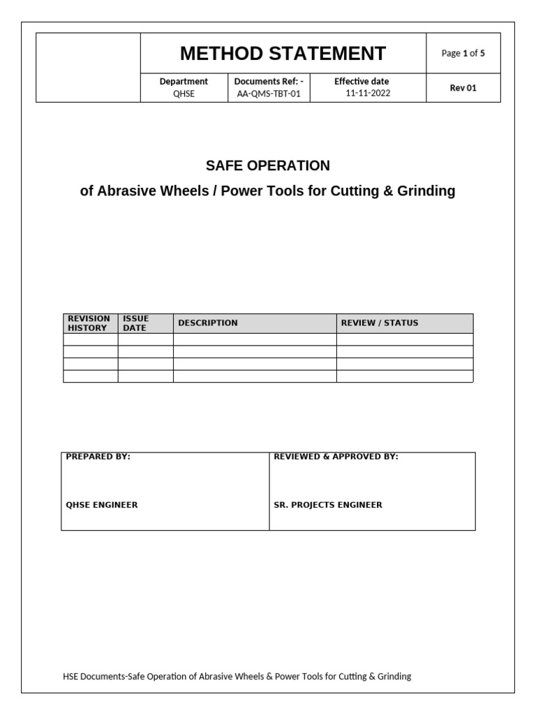 Qhse Documents-Method Statement For Abrasive Wheels & Power Tools For ...