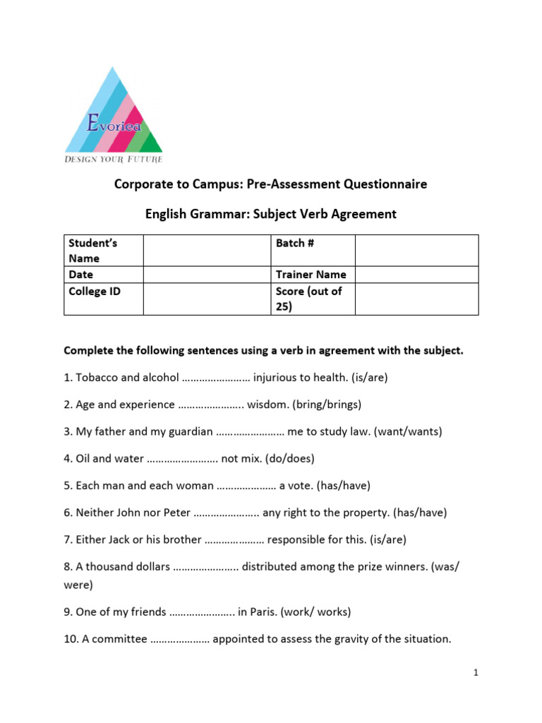 Subject-Verb Agreement Quiz | PDF