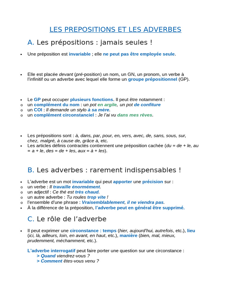 Les Prepositions Et Les Adverbes | PDF