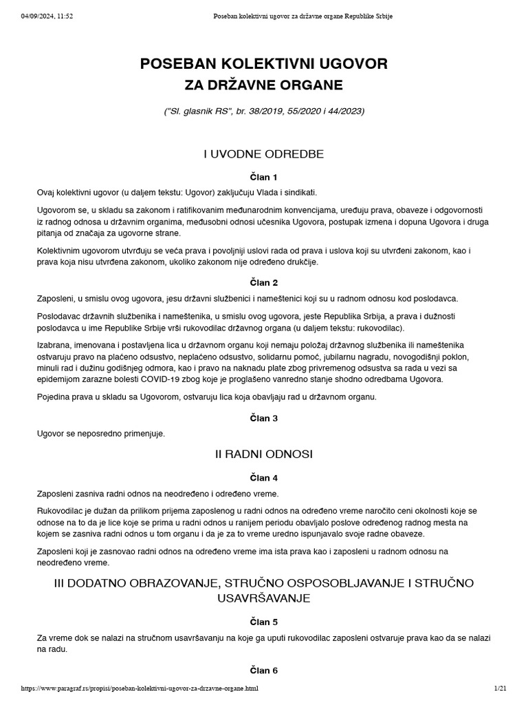 Poseban Kolektivni Ugovor Za Državne Organe Republike Srbije | PDF