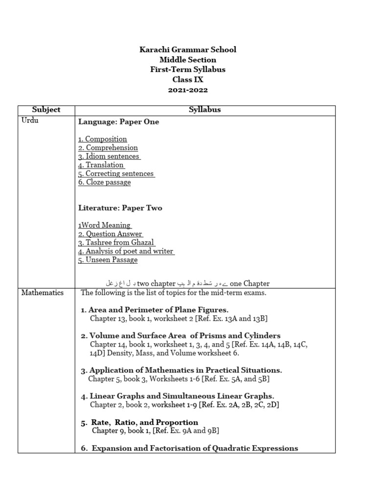 First Term Exam Syllabus Grade 9 | PDF First Term Exam Syllabus Grade 9 | PDF