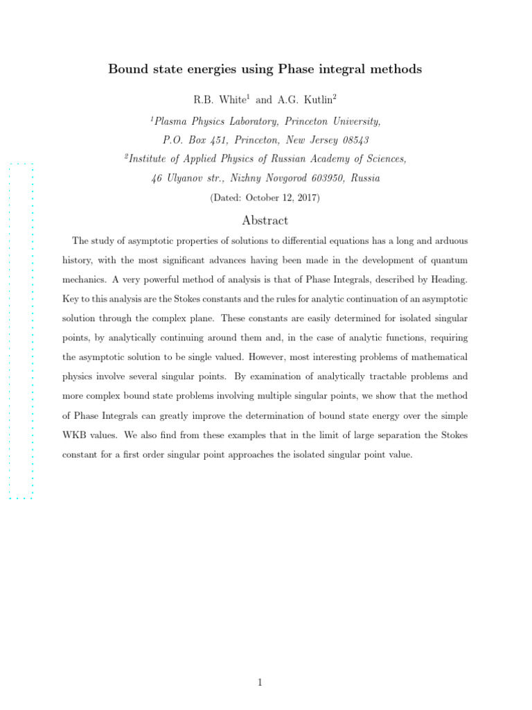 Bound State Energies Using Phase Integral Methods | PDF