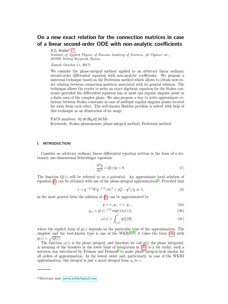 On A New Exact Relation For The Connection Matrices in Case of A Linear Second-Order ODE With ...