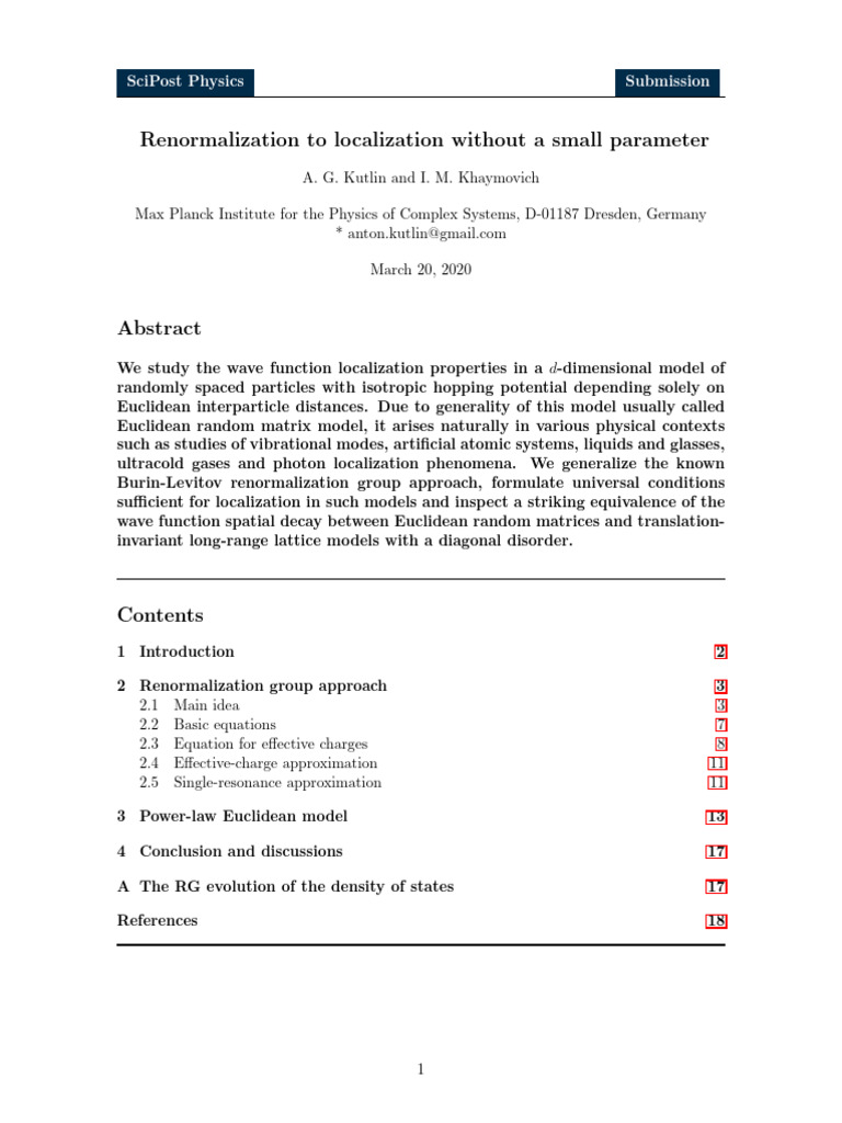 Renormalization To Localization Without A Small Parameter | PDF