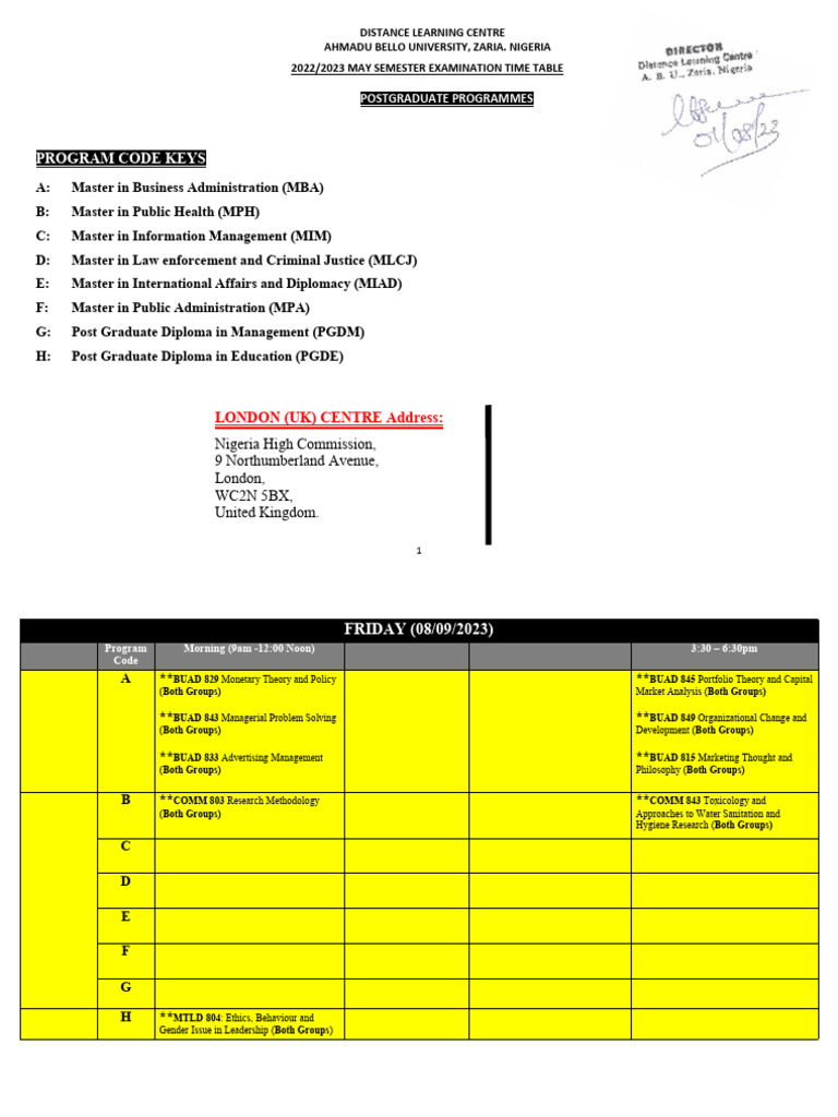 2023 MAY Semester FINAL Timetable (Postgraduate Programmes) | PDF