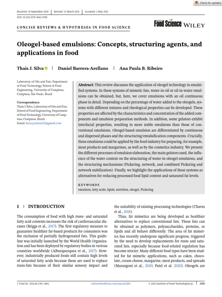 Journal of Food Science - 2021 - Silva - Oleogel Based Emulsions ...