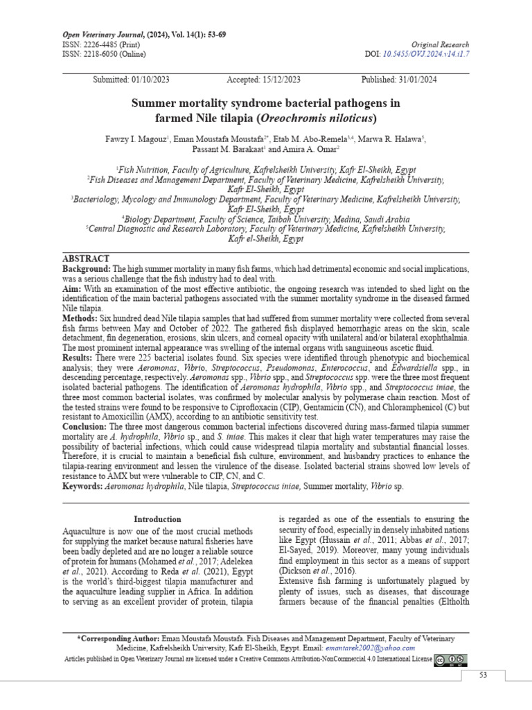 Summer Mortality Syndrome Bacterial Pathogens in F | PDF