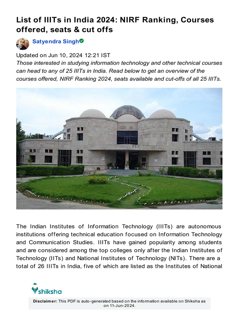 List of Iiits in India 2024: Nirf Ranking, Courses Offered, Seats & Cut Offs | PDF