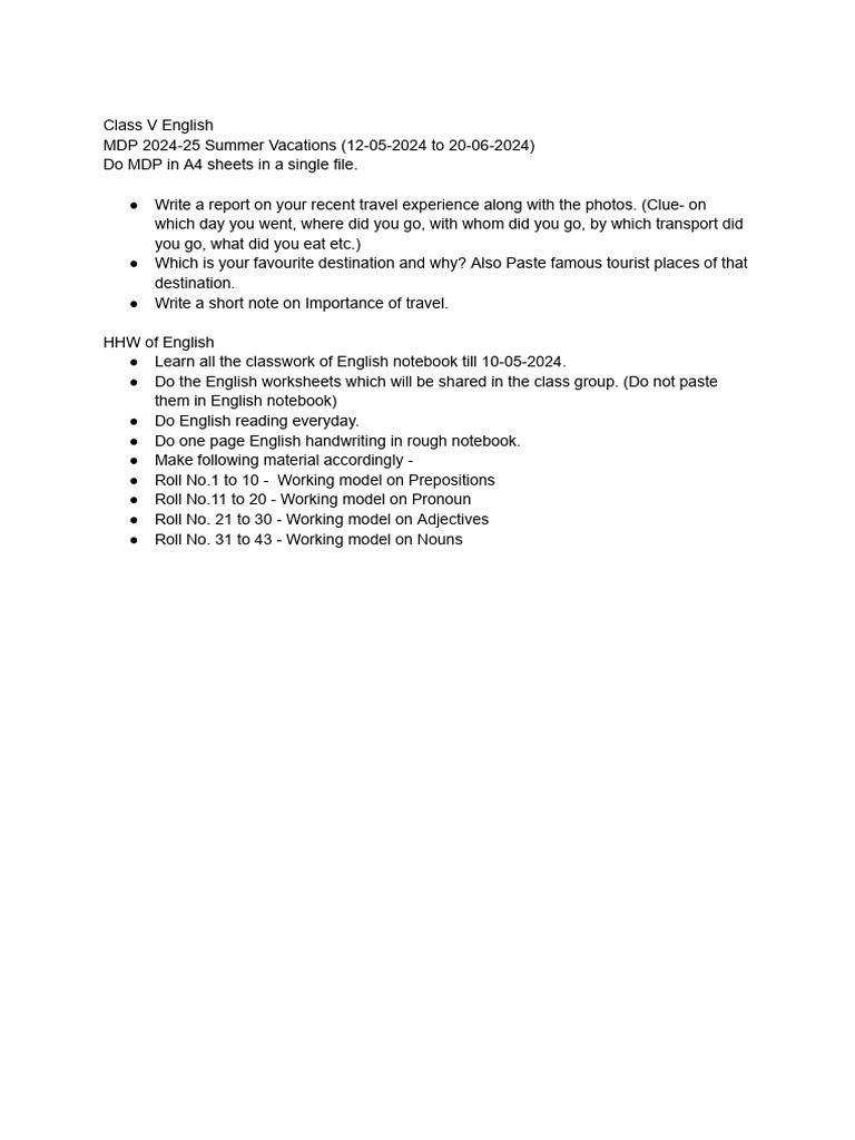 Eng Class 5 HHW and MDP | PDF