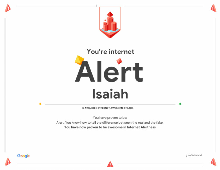 Google Interland Isaiah Certificate of Alertness | PDF | Games ...