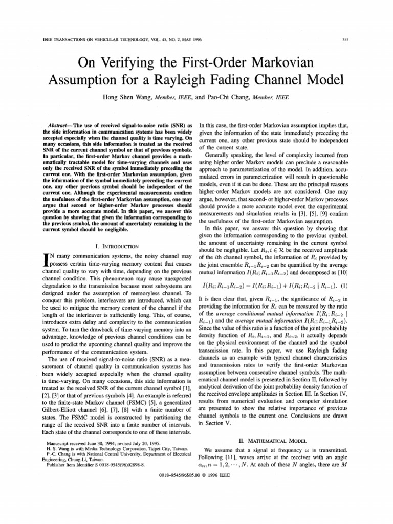 21-08-24-On Verifying The First-Order Markovian Assumption For A Rayleigh Fading Channel Model | PDF