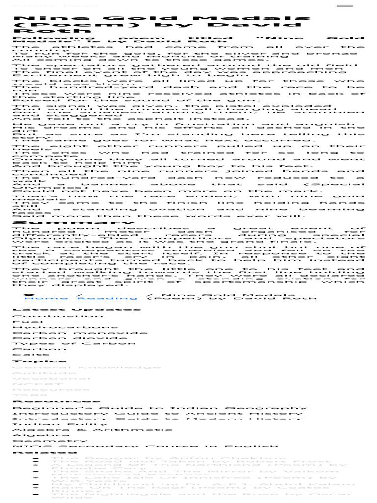 Nine Gold Medals (Poem) by David Roth - Study Page | PDF