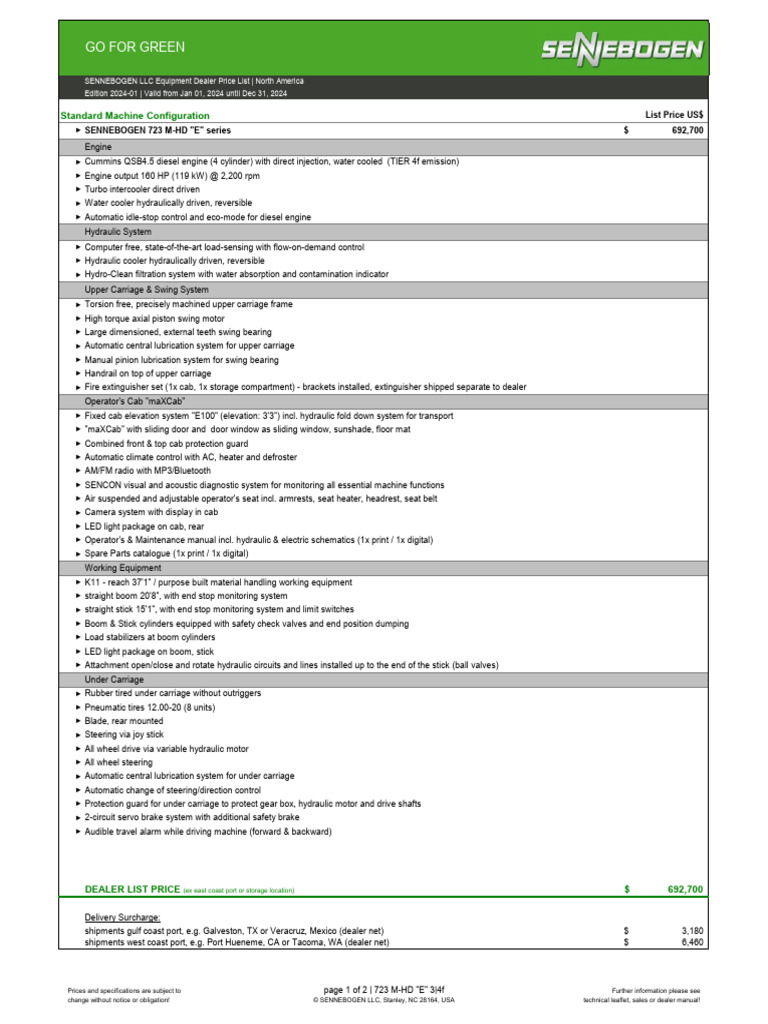SENNEBOGEN Dealer Price List (2024-01) - 723M-HD - NorthAmerica | PDF