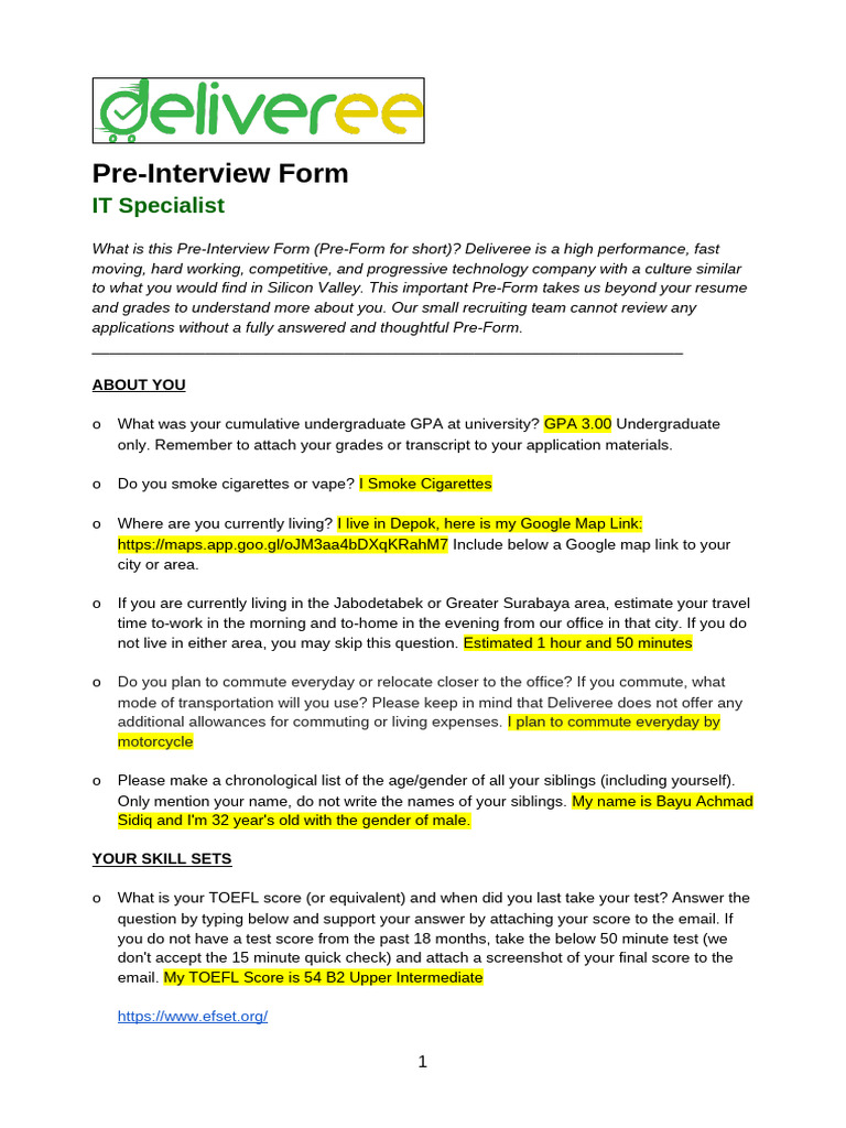 Pre-Interview Form - IT Specialist | PDF