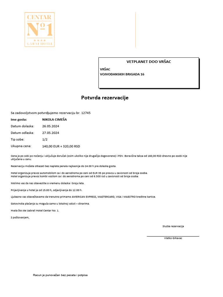 Potvrda Rezervacije | PDF