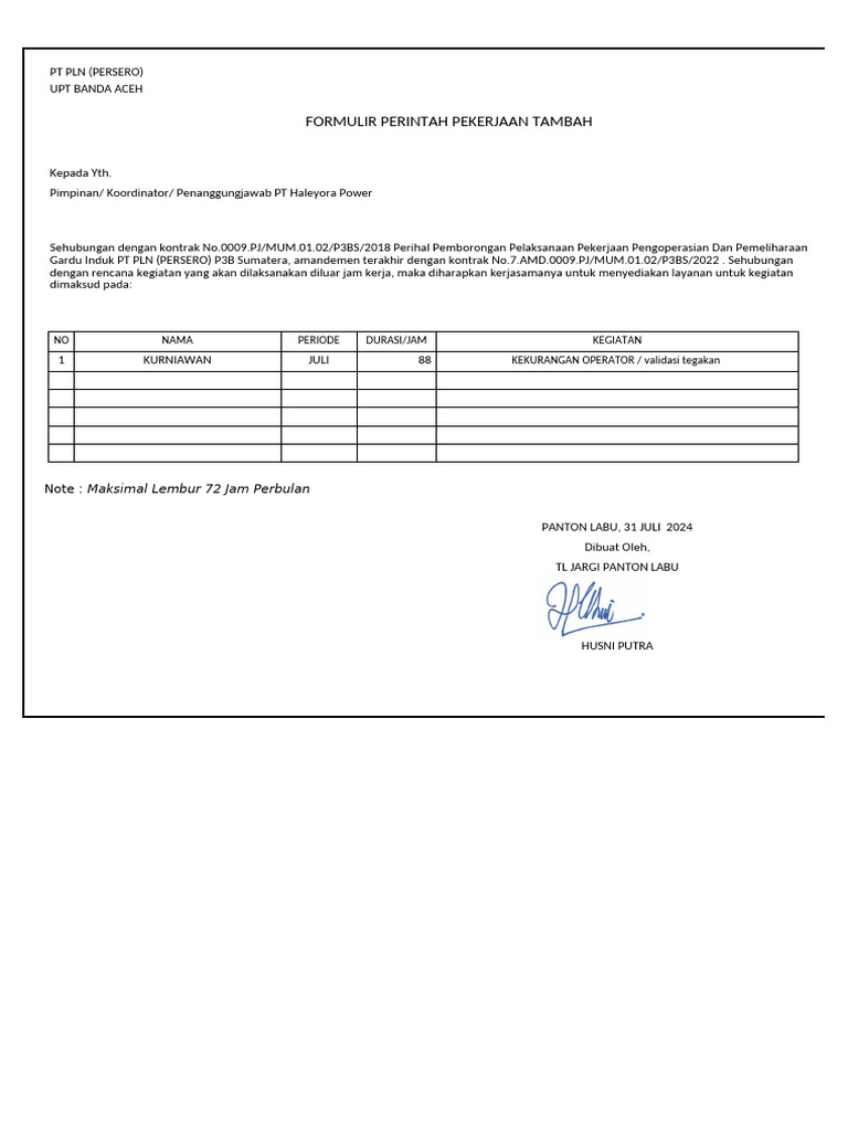 Form Lembur Operator Hpi | PDF