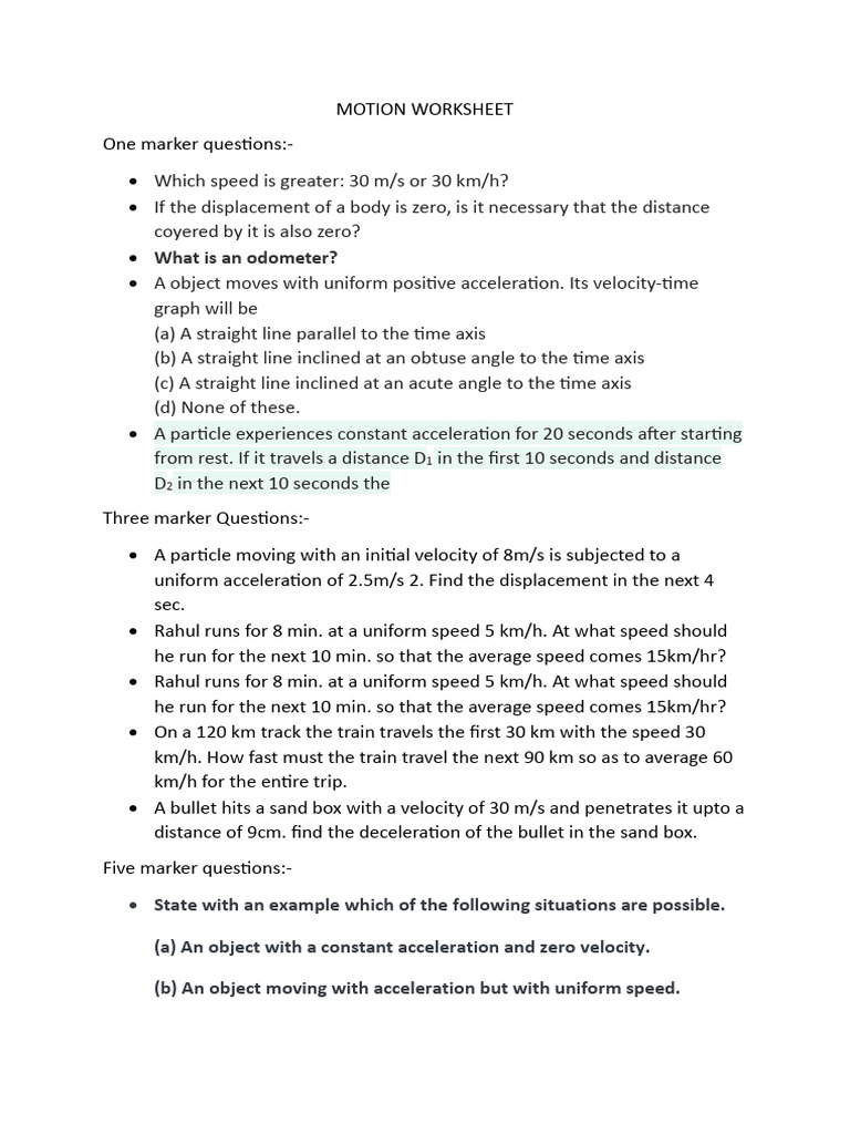 Motion Worksheet | PDF