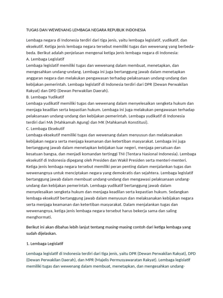 Tugas Dan Wewenang Lembaga Negara Republik Indonesia | PDF