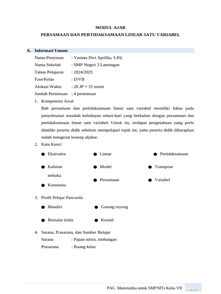 Modul Ajar Persamaan Linear Satu Variabel | PDF
