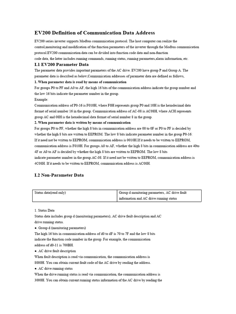 EV200 Series Definition of Communication Data Address | PDF