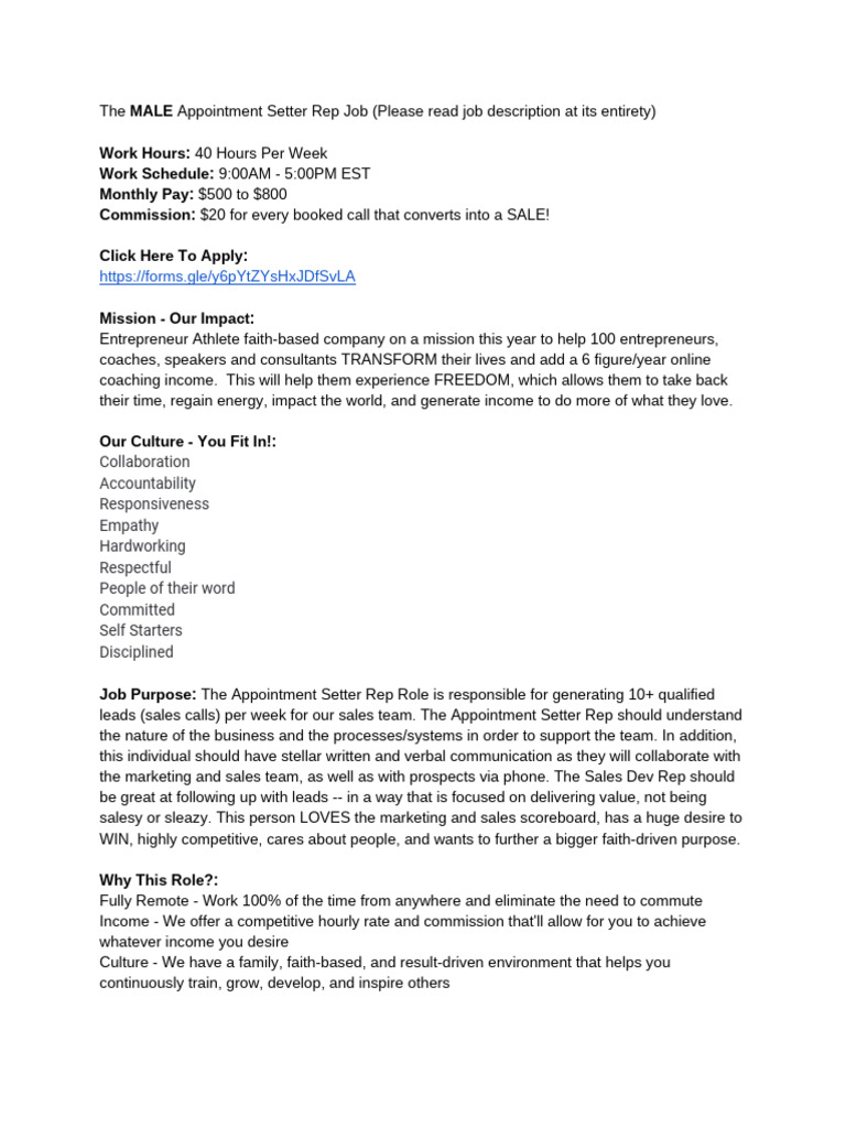 (FYC) - The Appointment Setter Role Job Posting | PDF