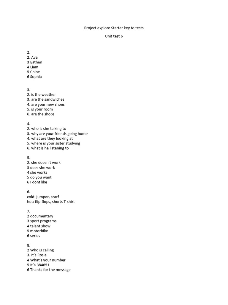 Prex Start Unit 6 Key To Test | PDF