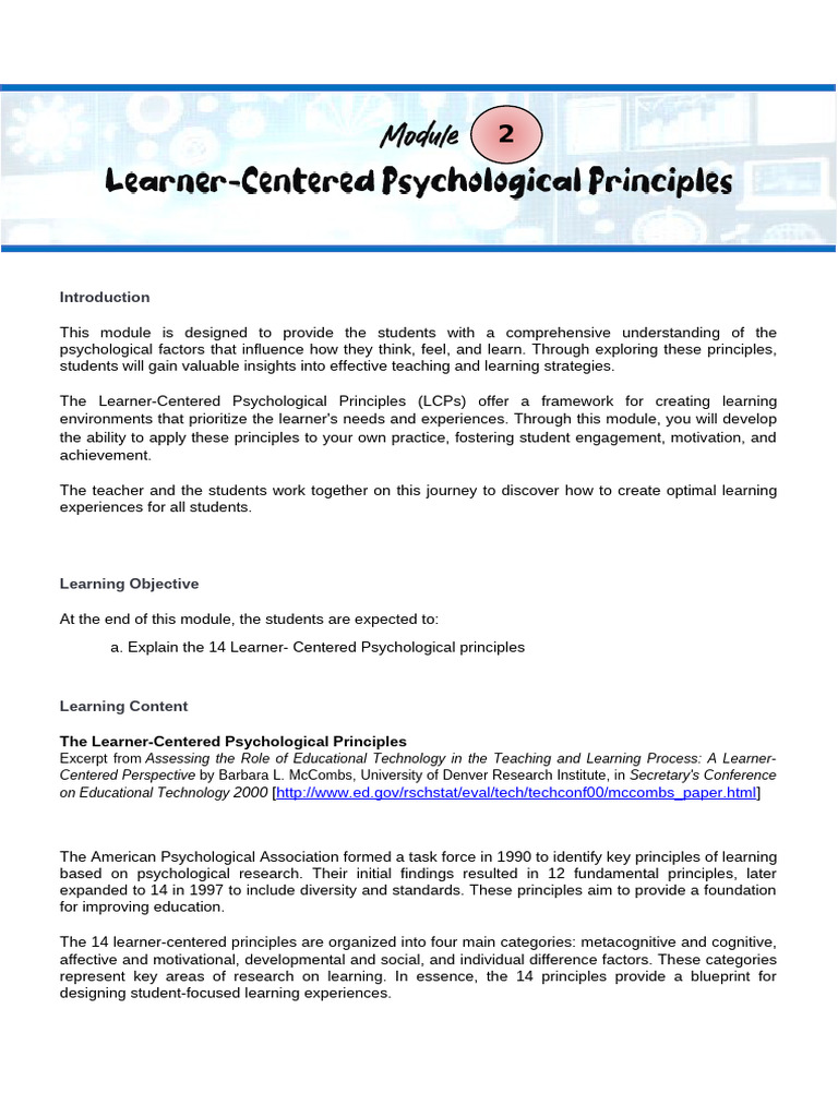 Learner Centered Psychological Principles | PDF