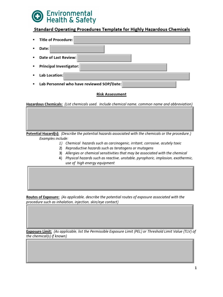 Standard Operating Procedures Template For Highly Hazardous Chemicals ...