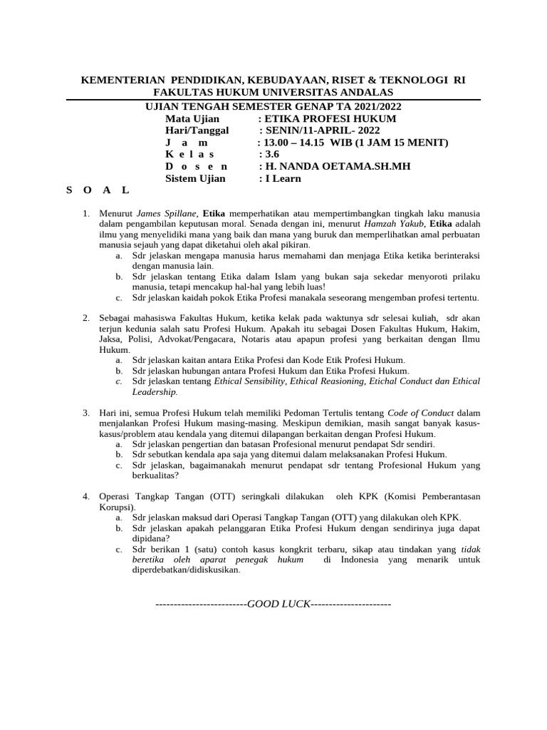 Soal Uts Etika Profesi Hukum TGL 11 April 2022 | PDF