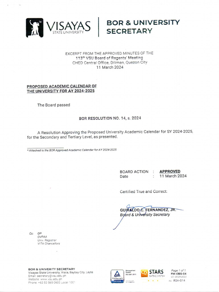 BOR Resolution No. 14 s2024 Academic Calendar For AY 2024 2025 | PDF