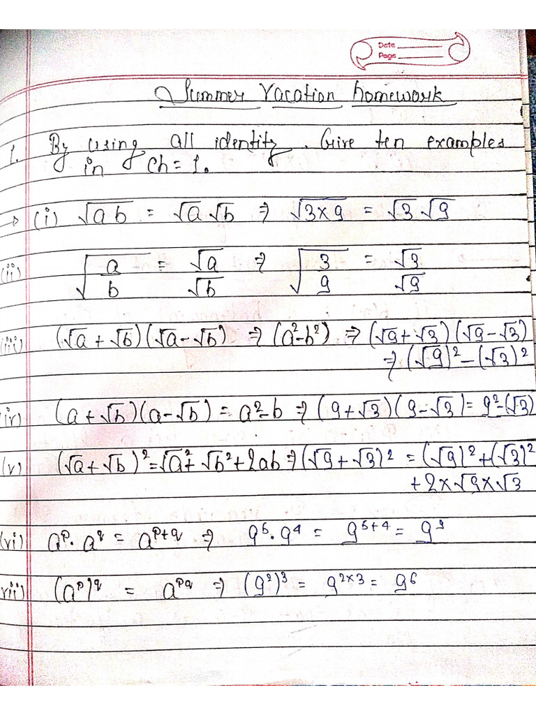 Summer Vacation Homework ( Maths ) | PDF