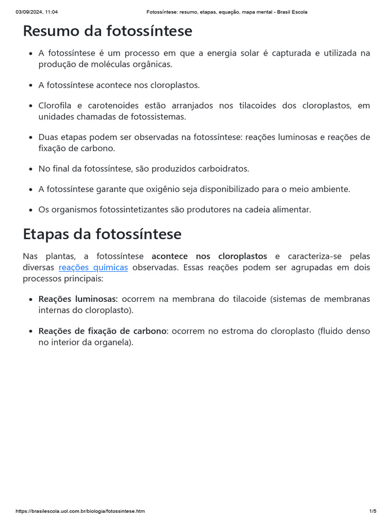 Fotossíntese - Resumo, Etapas, Equação, Mapa Mental - Brasil Escola | PDF