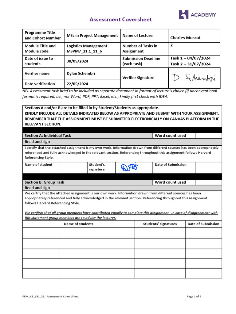 FRM_CS_151_23 Assessment Cover Sheet_Logistics Management -1 | PDF